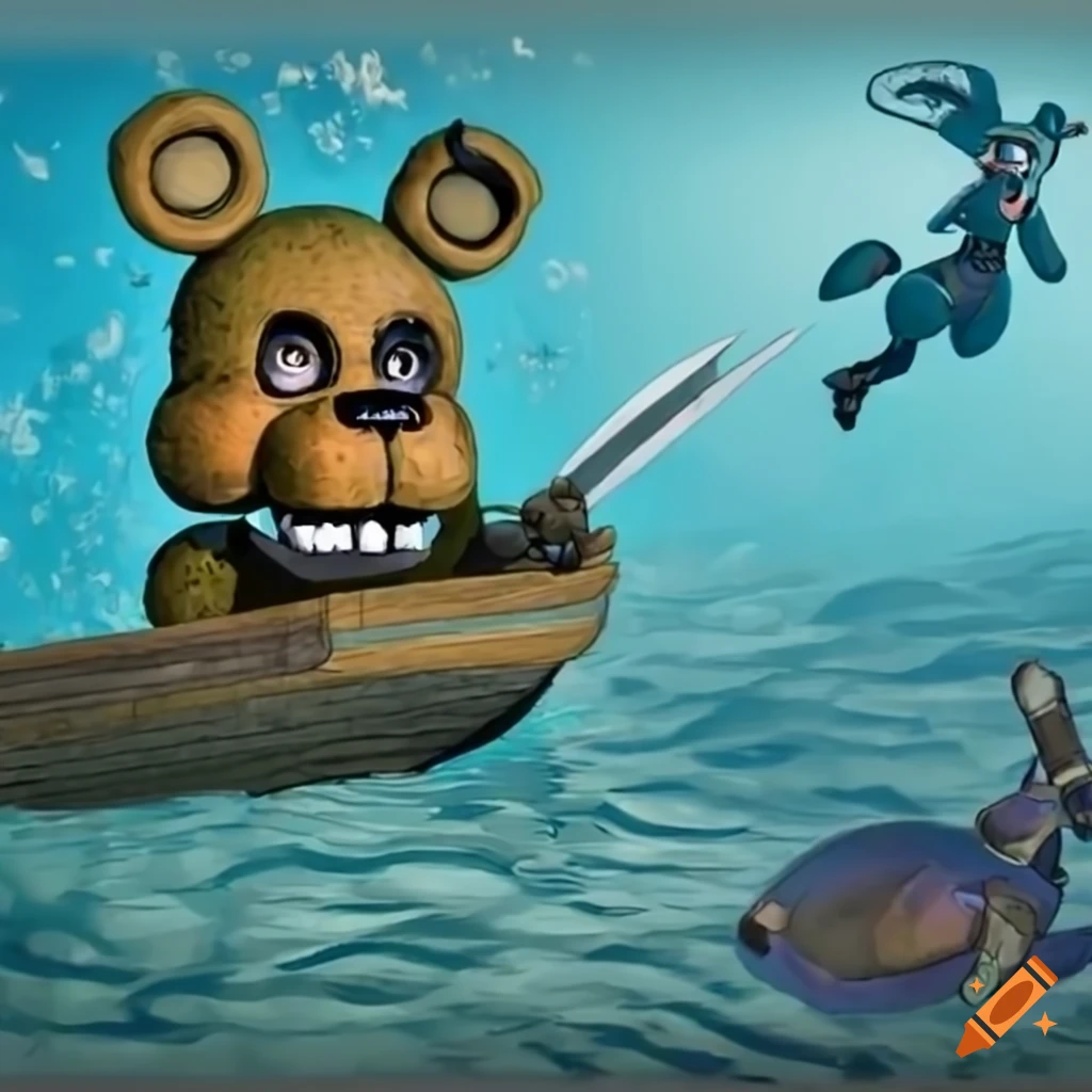 Freddy fazbear battling lucario underwater on a sunken boat on Craiyon