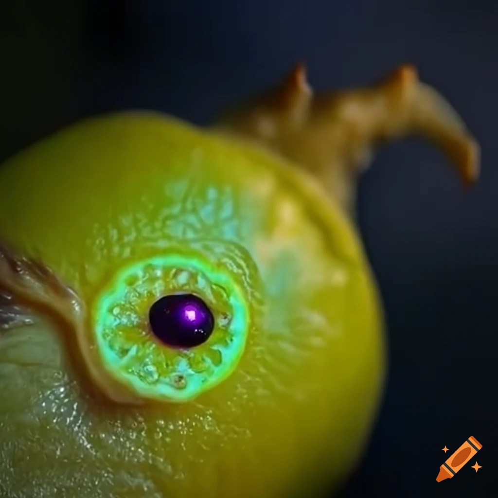 Bizarre creature with a glowing human eye surrounded by fruits on a ...
