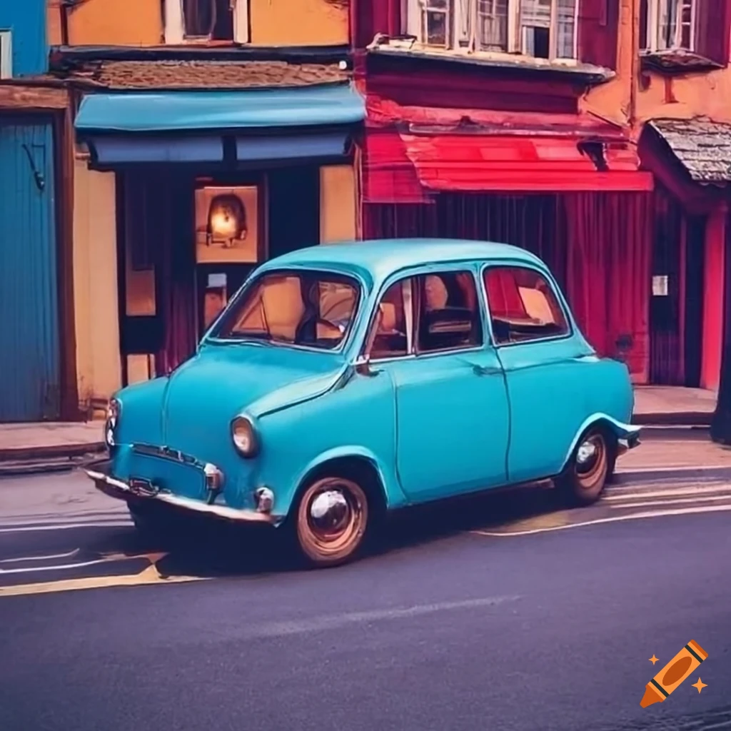 Little blue car parked in a vibrant town on Craiyon