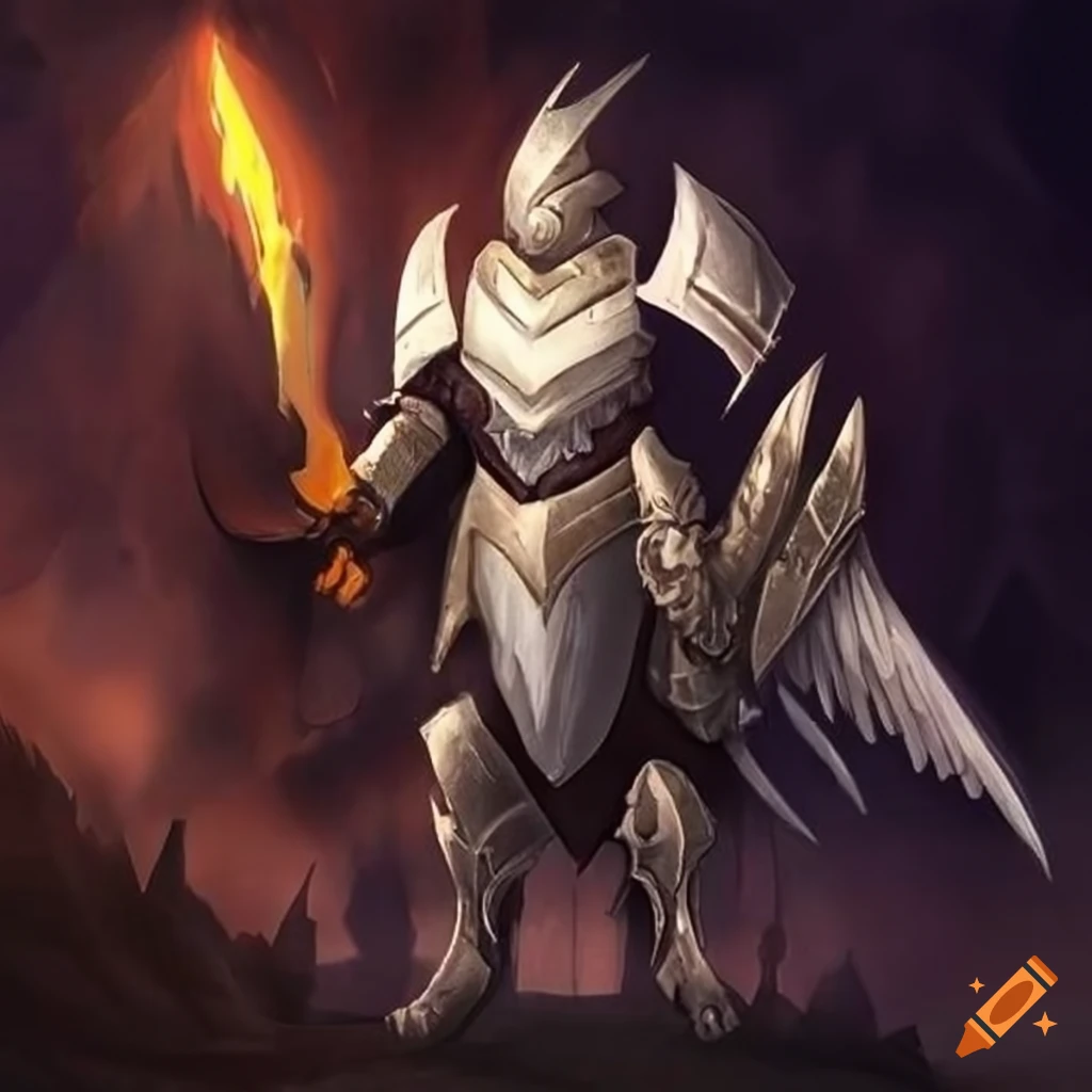White armored eagle aarakocra paladin with a sword on Craiyon