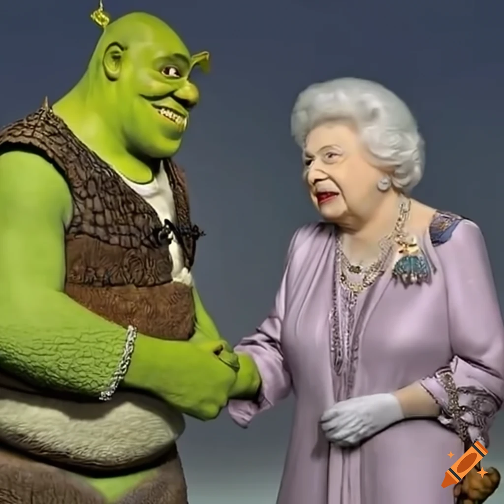 Shrek shaking hands with the queen of england in a humorous scene on ...