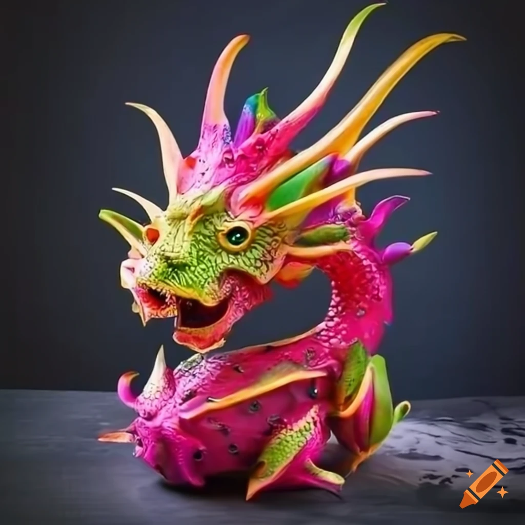 Colorful dragon sculpture made of fresh dragon fruit on Craiyon