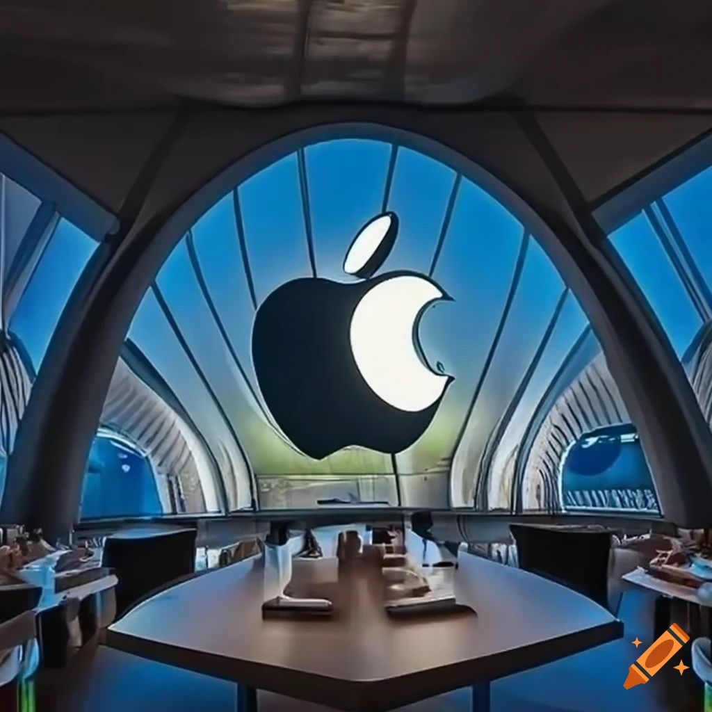 Futuristic restaurant with apple theme and logo on Craiyon