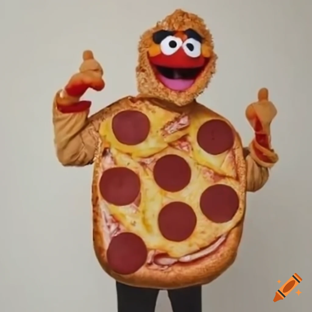 Colorful muppet wearing a pizza costume on Craiyon