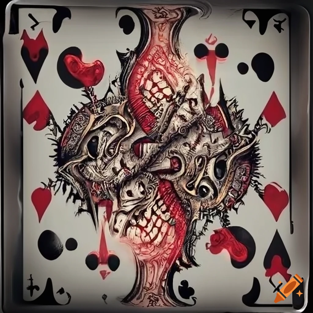 Surrealist joker playing card with unique motifs and textures on Craiyon