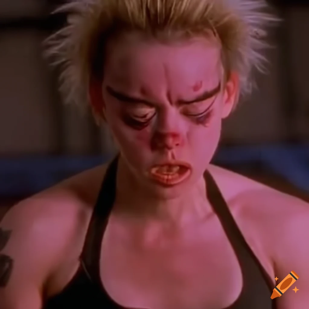 90s movie fight scene: bruised punk female fighter with a dizzy ...