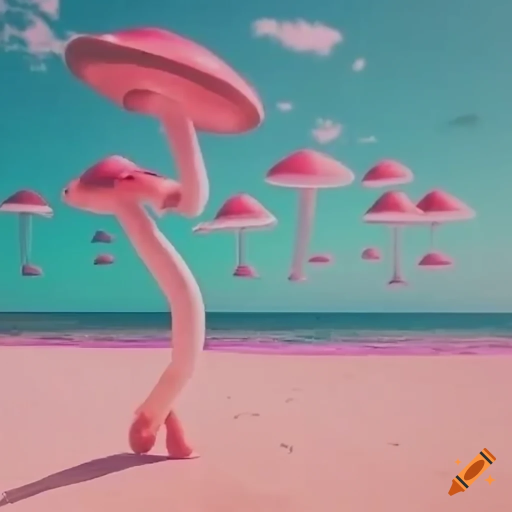 Tropical beach with tall mushrooms in a liminal space on Craiyon
