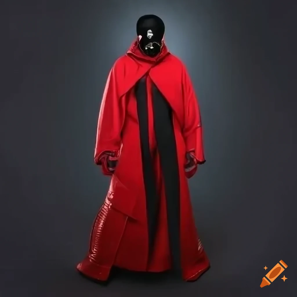 Man in futuristic red robe and black mask with metal gloves and boots ...