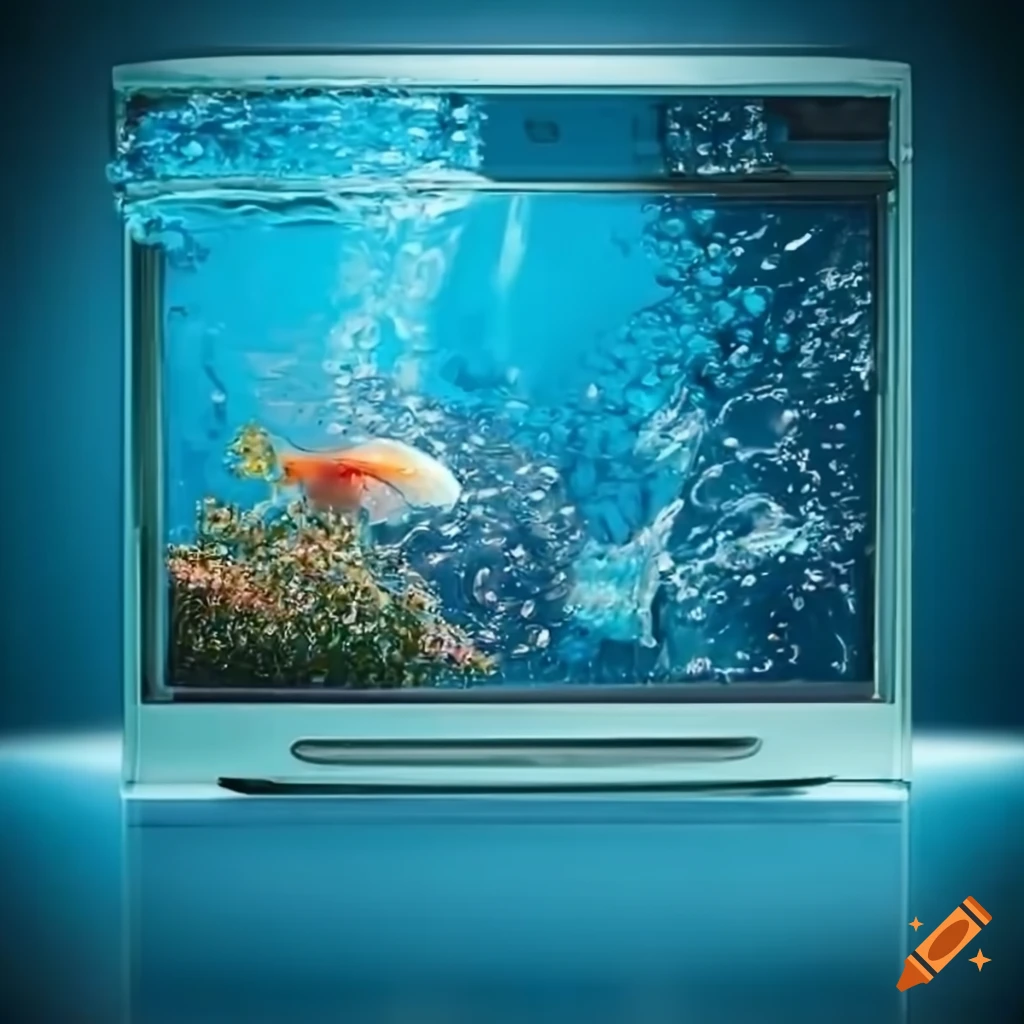 Water and fish flowing from an old blue computer on Craiyon