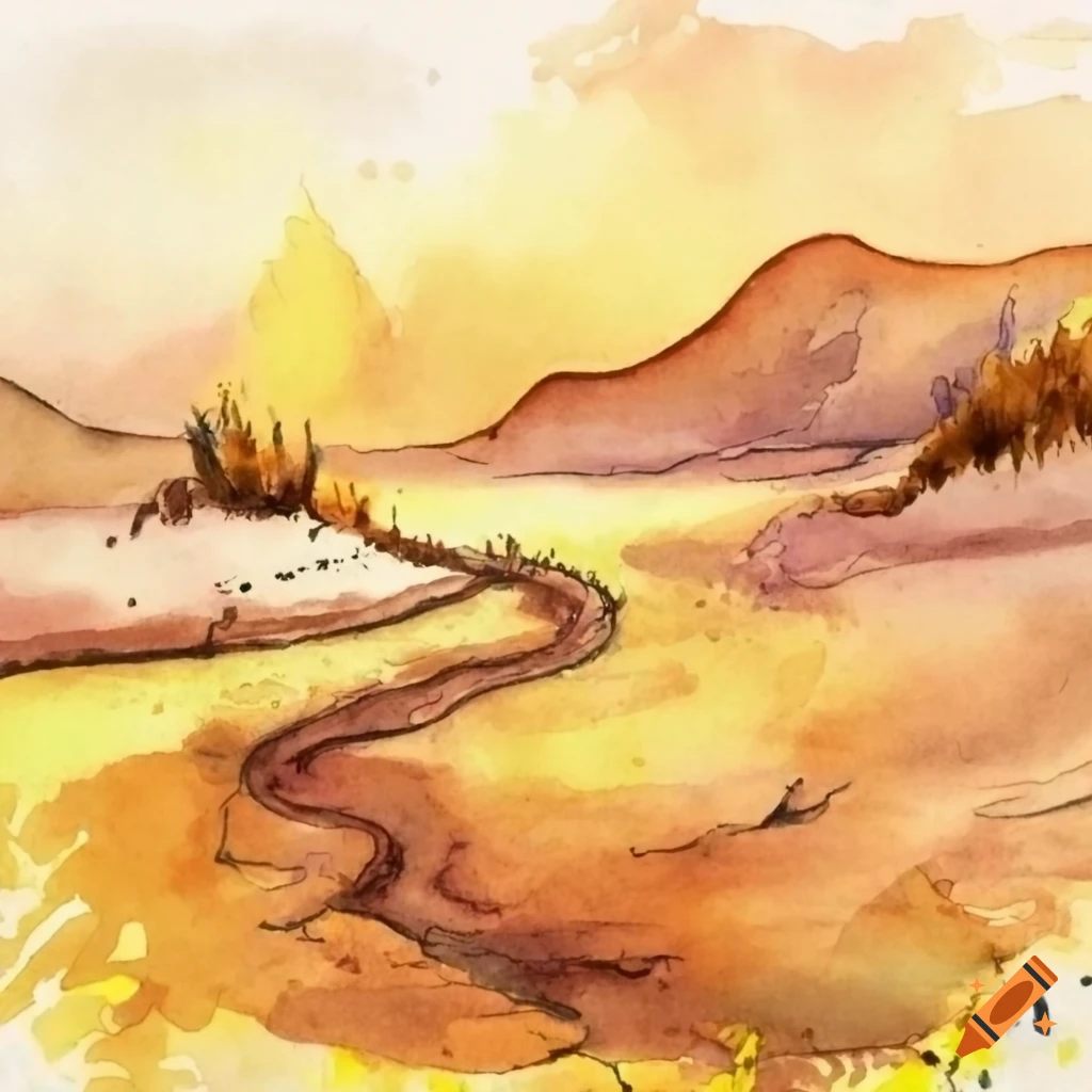 Dry river depicted in watercolor on Craiyon