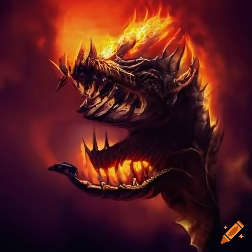 Roaring dragon with fiery background and fleeing warrior in a fantasy ...
