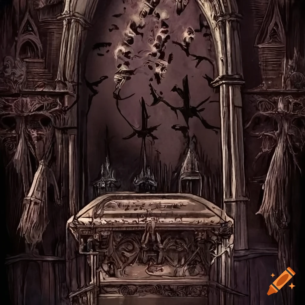 Gothic scene with traditional coffin and spooky bats on Craiyon