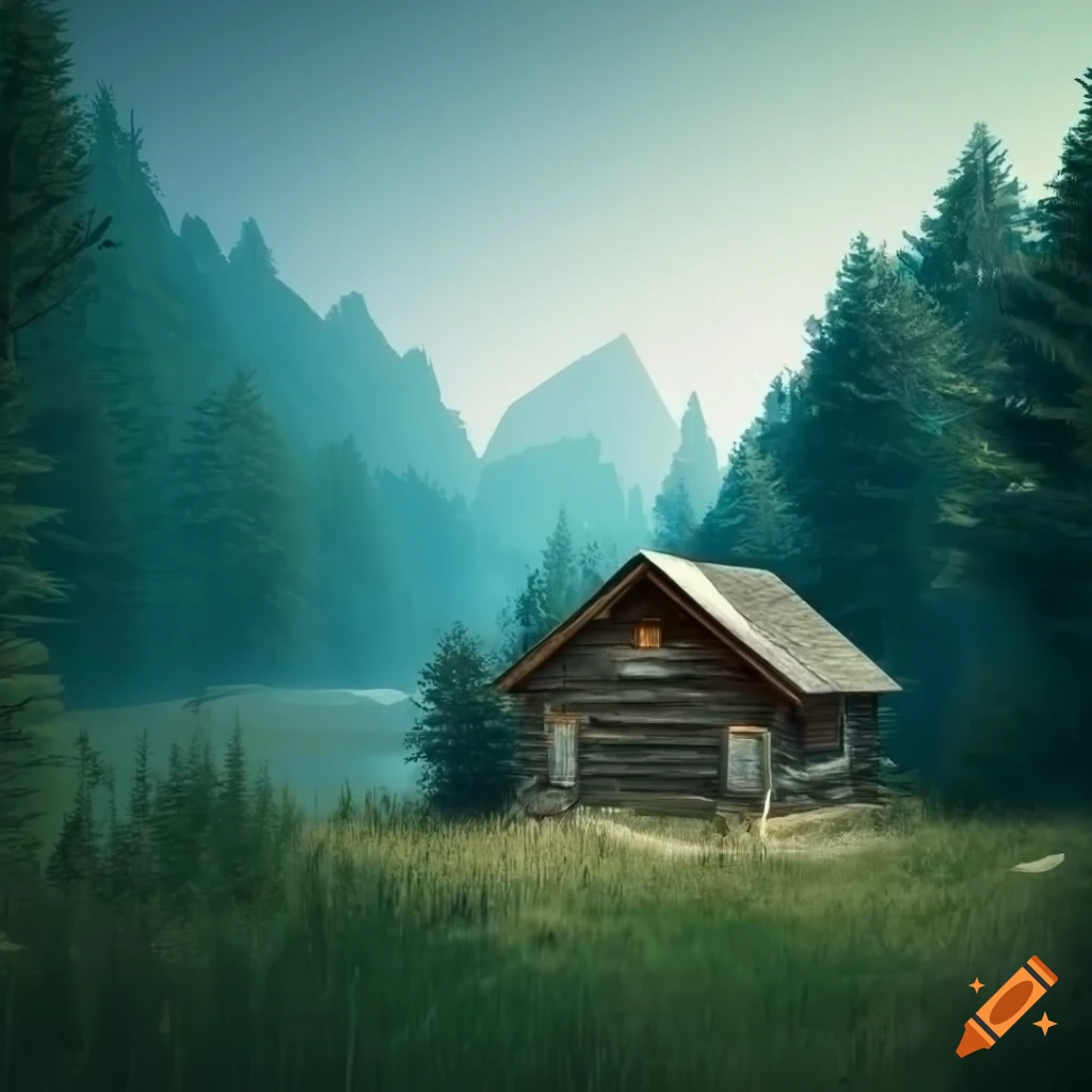 Small summer cabin in a forest near mountains with photorealistic style ...