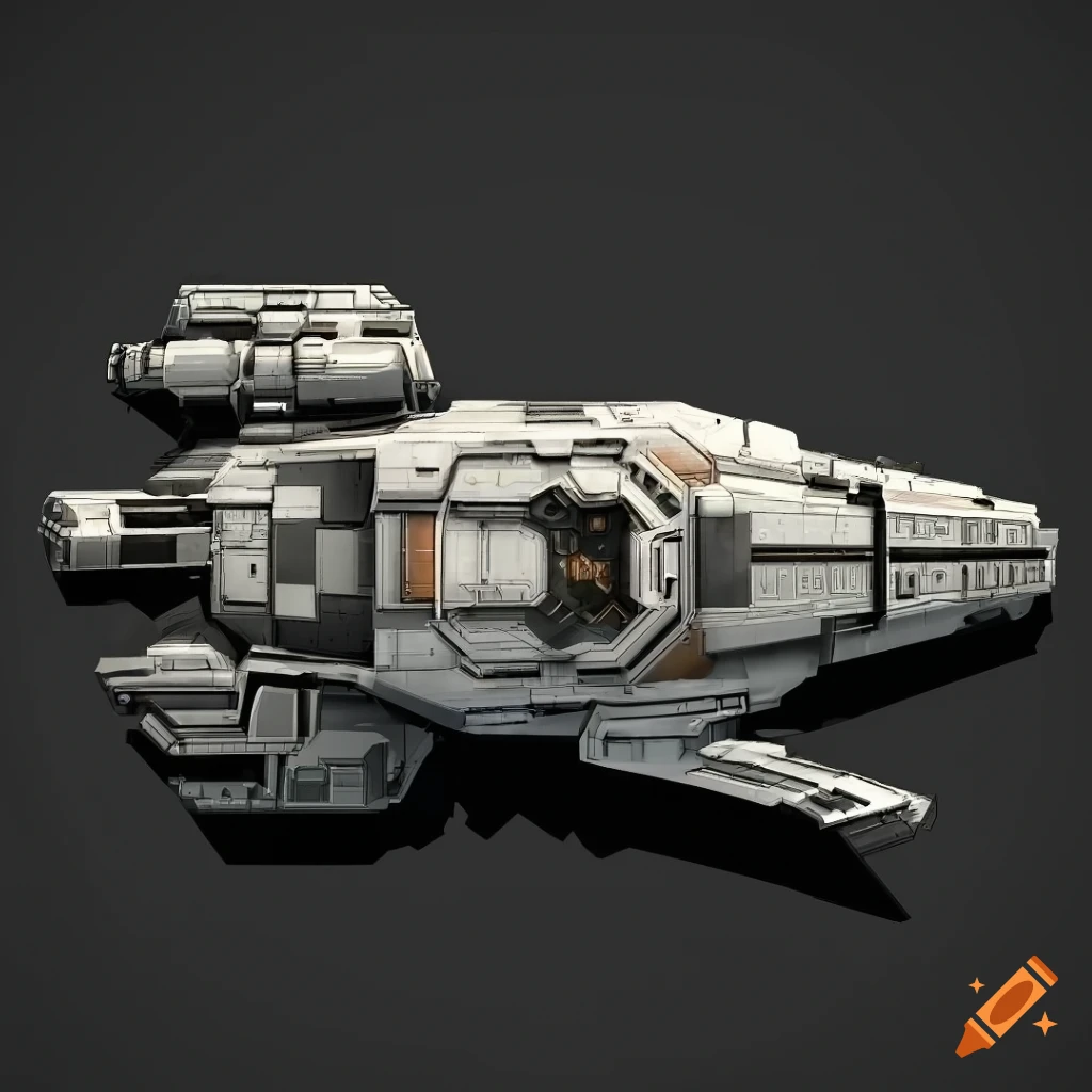 Top-down view of a space ship in a dark, sci-fi style setting on Craiyon