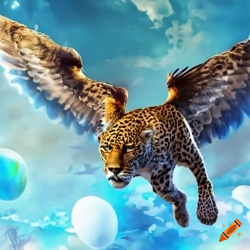 Flying leopard with wings in a fantasy world with floating objects on ...