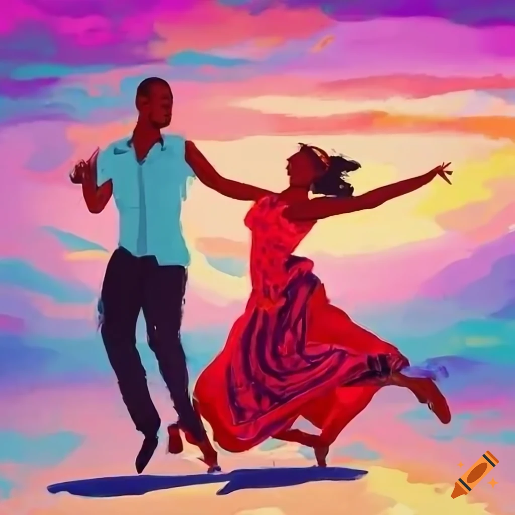Stylish dancers performing salsa under a colorful cuban sky in a lively ...