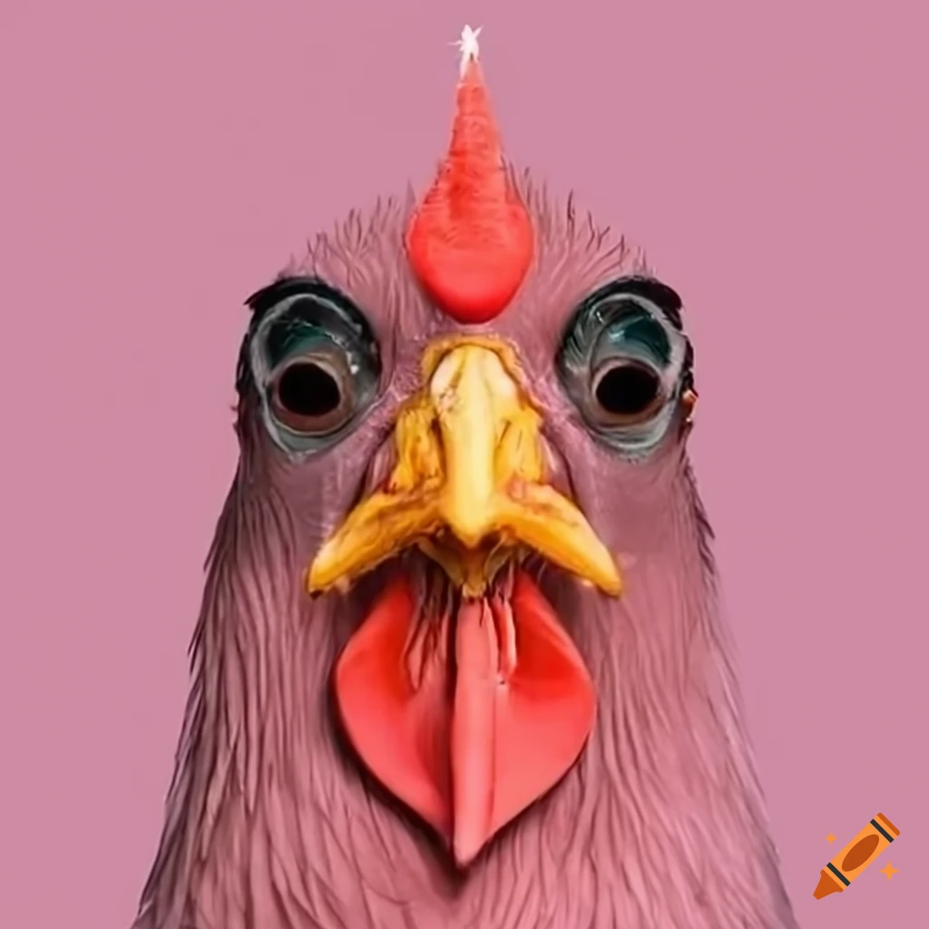 Humorous close-up of a detailed chicken face on Craiyon