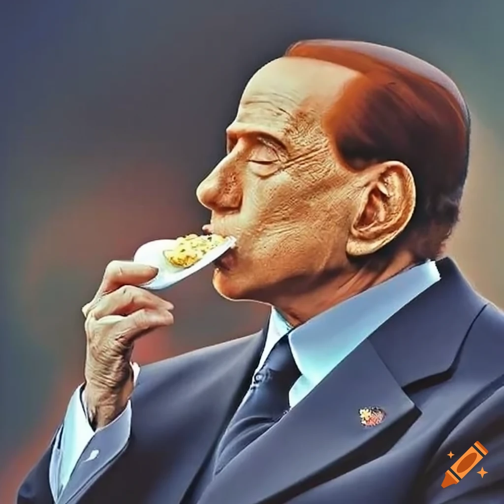 Satirical image of berlusconi dining at a soccer stadium on Craiyon