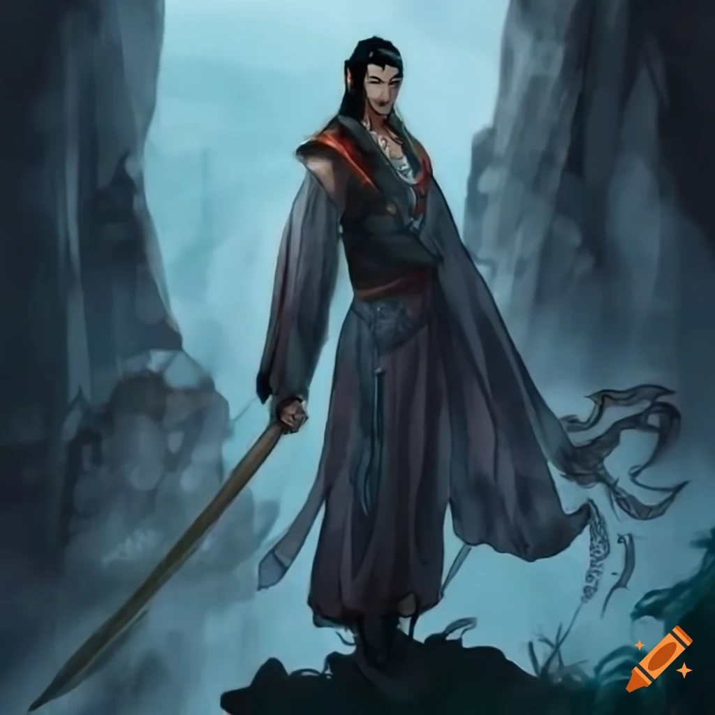 Front view of a long wuxia warrior with a sword standing behind a cliff ...