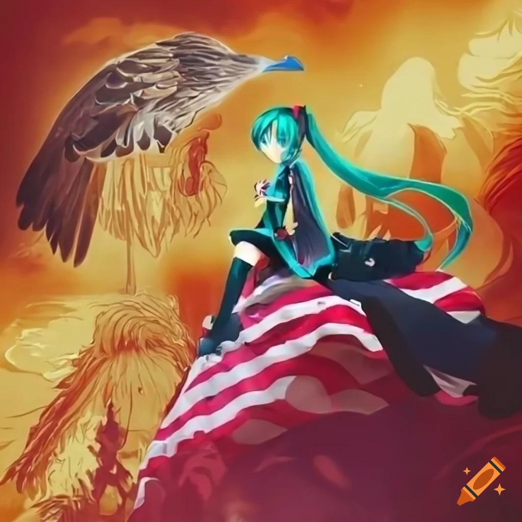 Hatsune miku sitting on a golden eagle with the us flag in the ...
