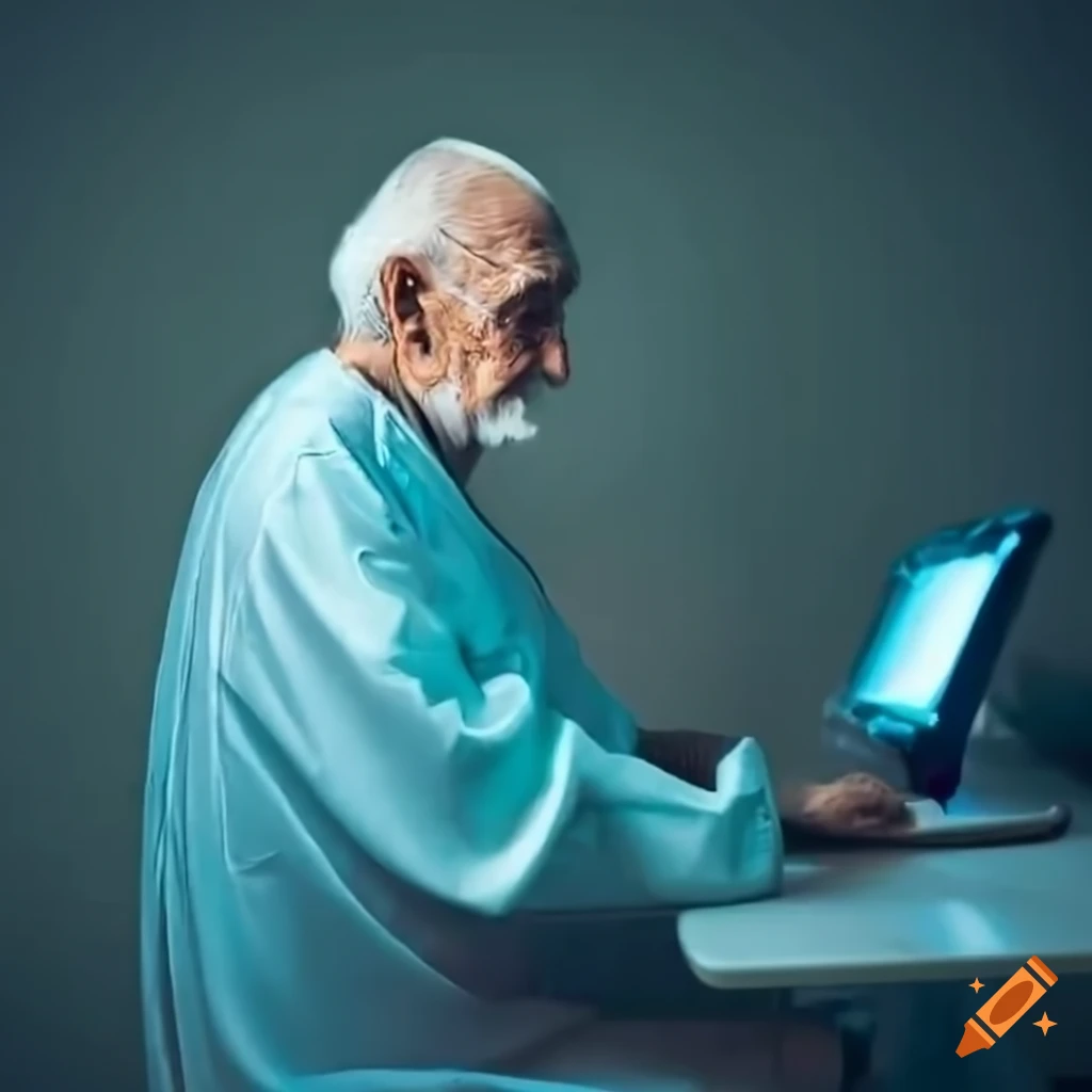 Elderly man in hospital gown playing a computer game on Craiyon