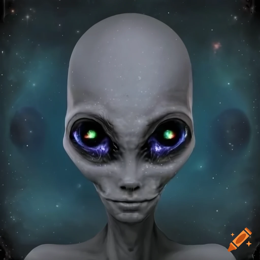 Realistic grey alien with glowing eyes in an alien solar system on Craiyon