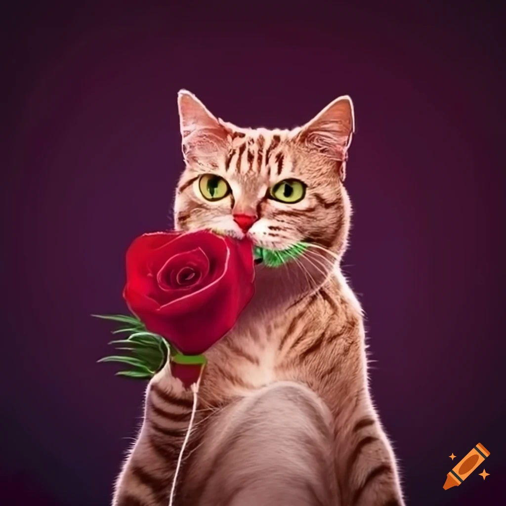 Cat holding a rose with its mouth on Craiyon