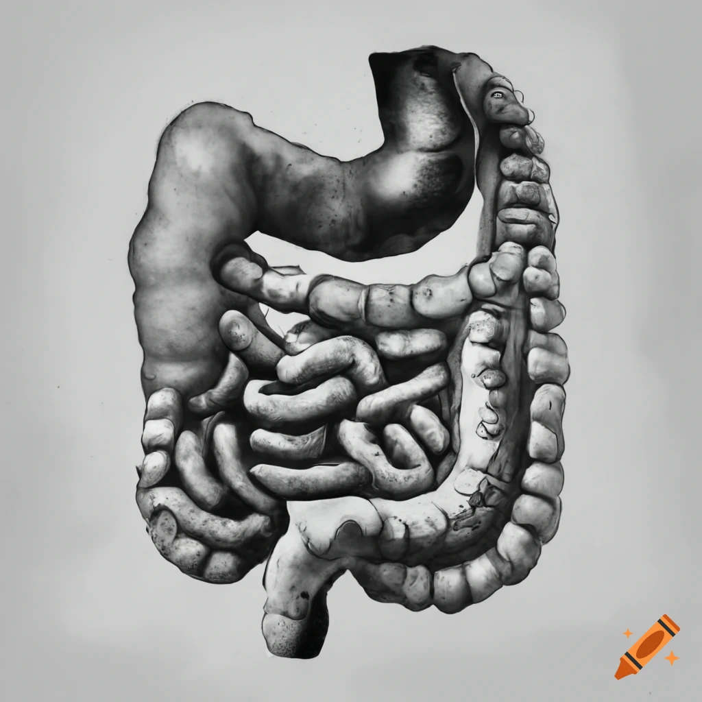 Illustration of the human gut with a 1 in the middle on Craiyon