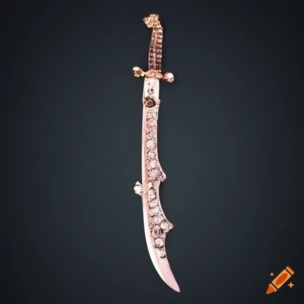 Silver Middle Eastern scimitar with rose gold webbing and encrusted ...
