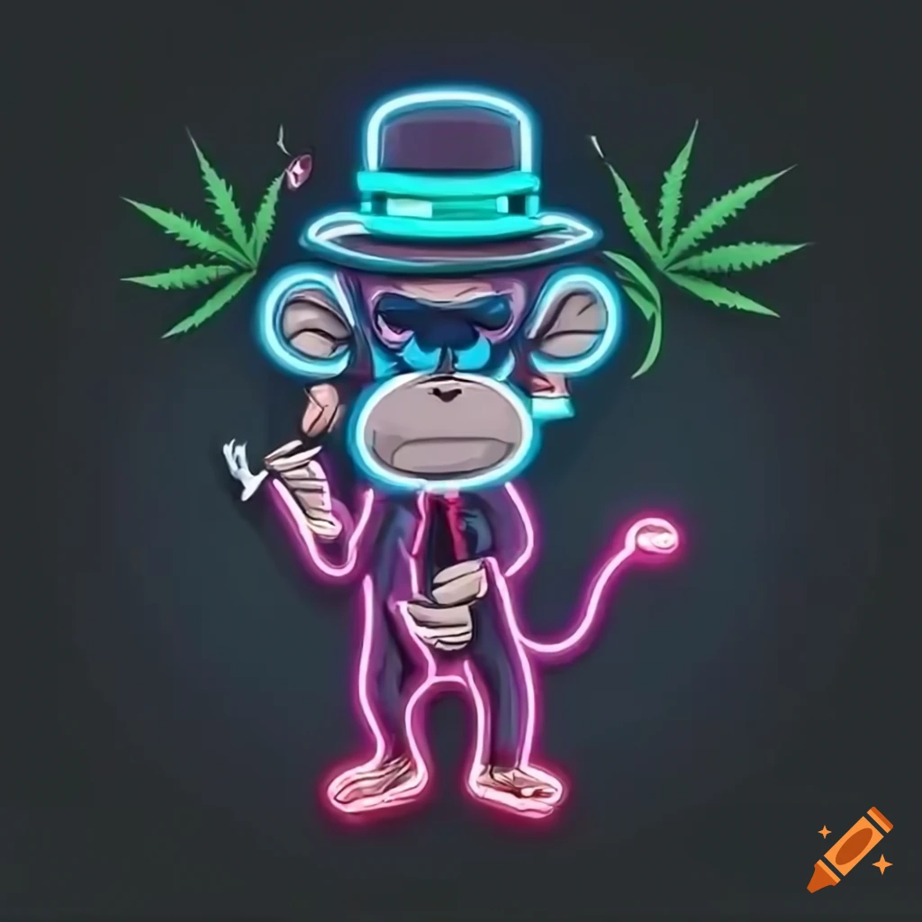 Cartoon gangster monkey with cannabis banana joint in neon style logo ...