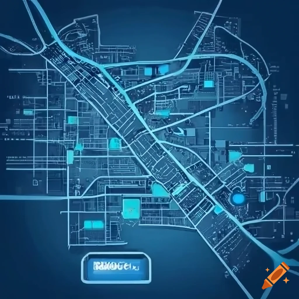 High tech city street map with street names and important locations on ...