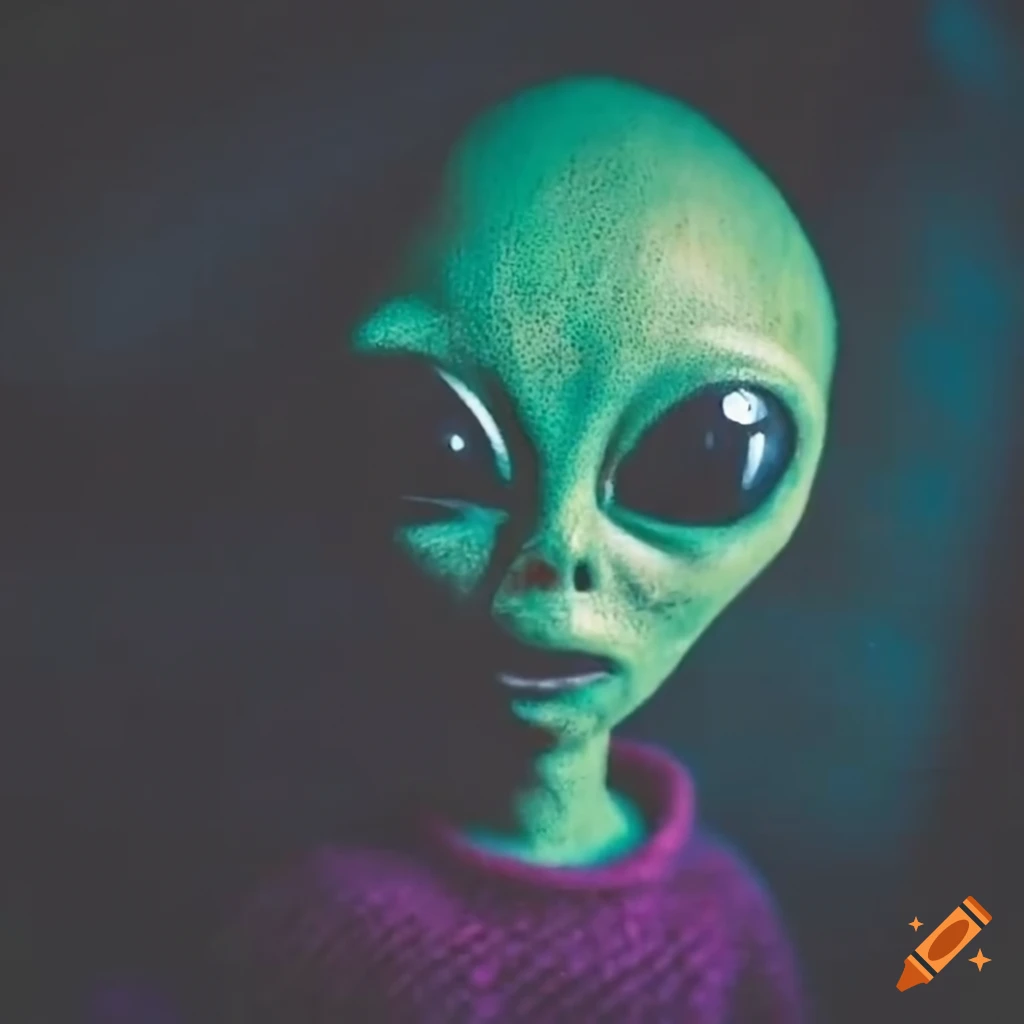 Cartoon alien in vintage 80s sweater on Craiyon