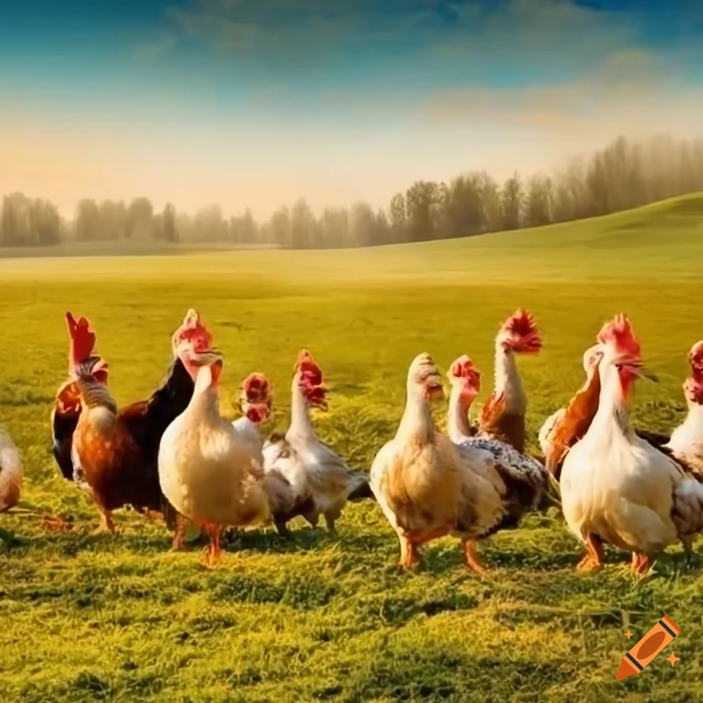 Landscape with chickens, ducks, geese, and turkeys on Craiyon