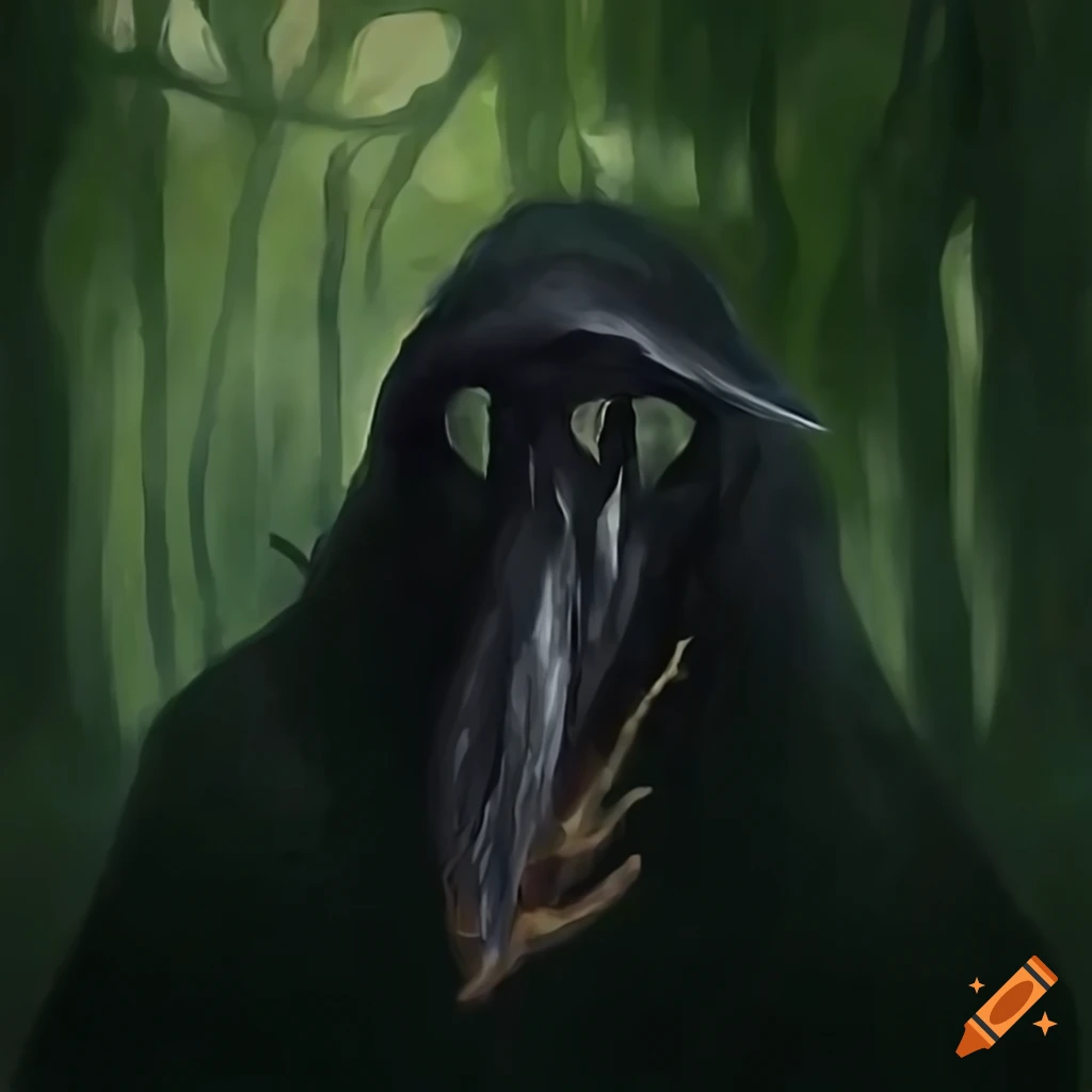 Hermit wearing a black heron mask in the woods with a giant creature ...