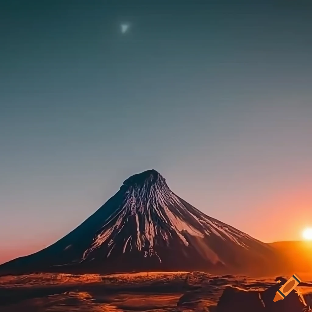 Gigantic volcano-shaped mountain on a rocky planet with two suns in the ...