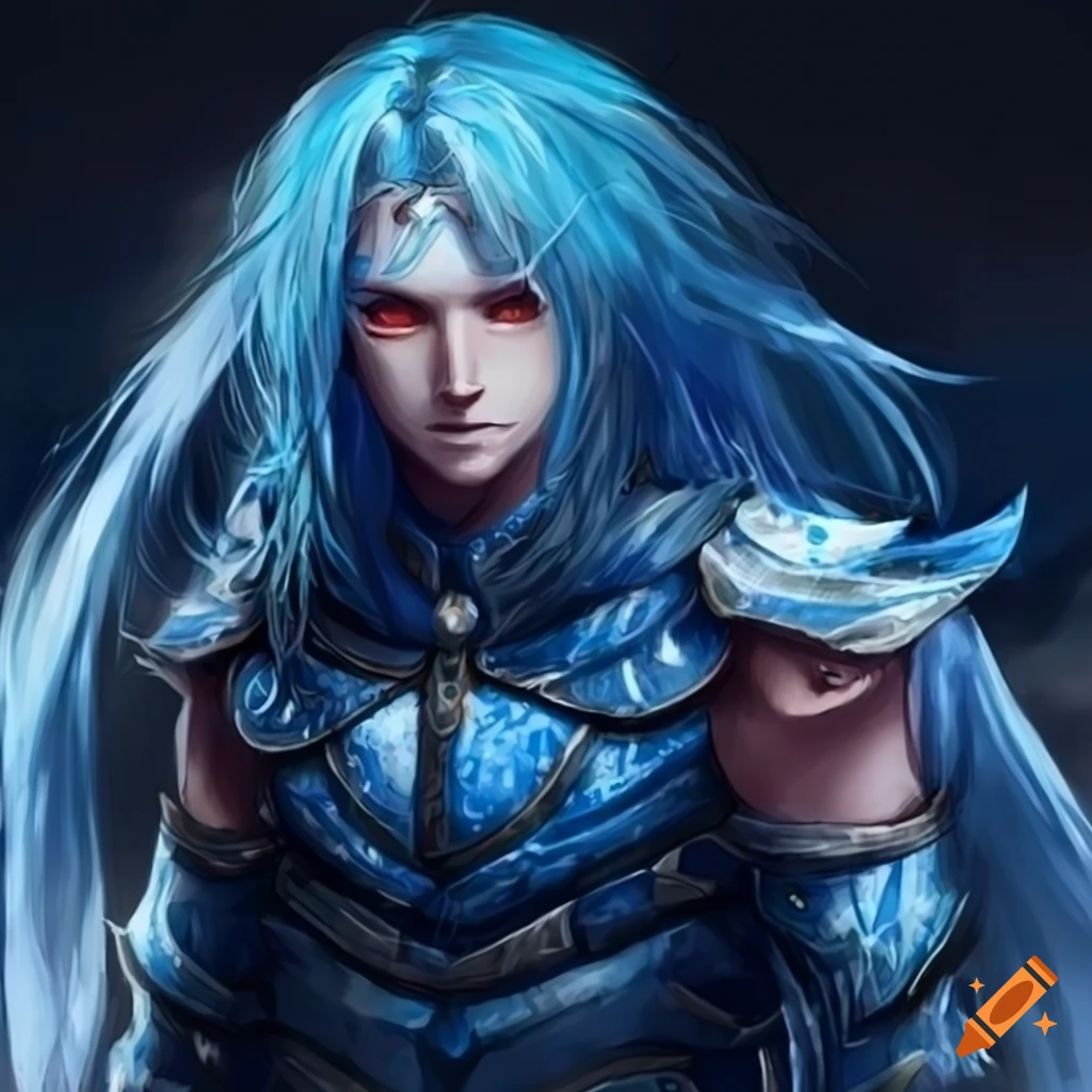 Warrior in blue and white with long blue hair and dark red eyes on Craiyon