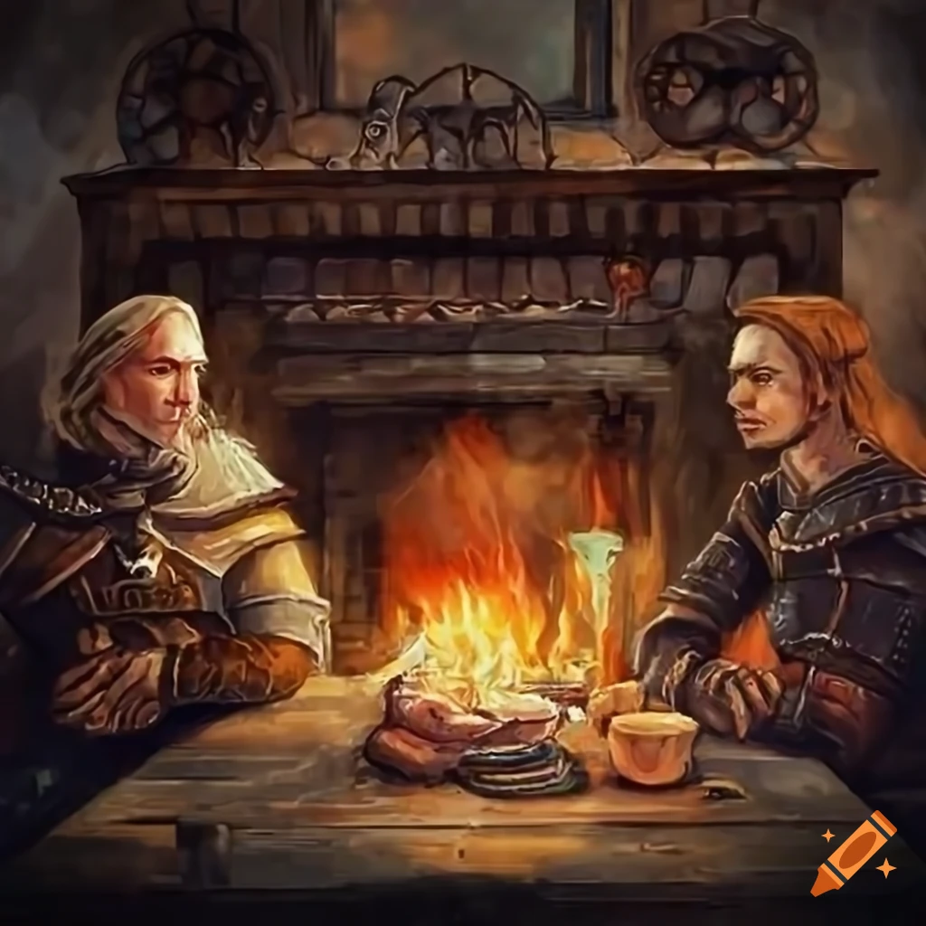 The Witcher conversing with a fantasy soldier in an inn with a ...