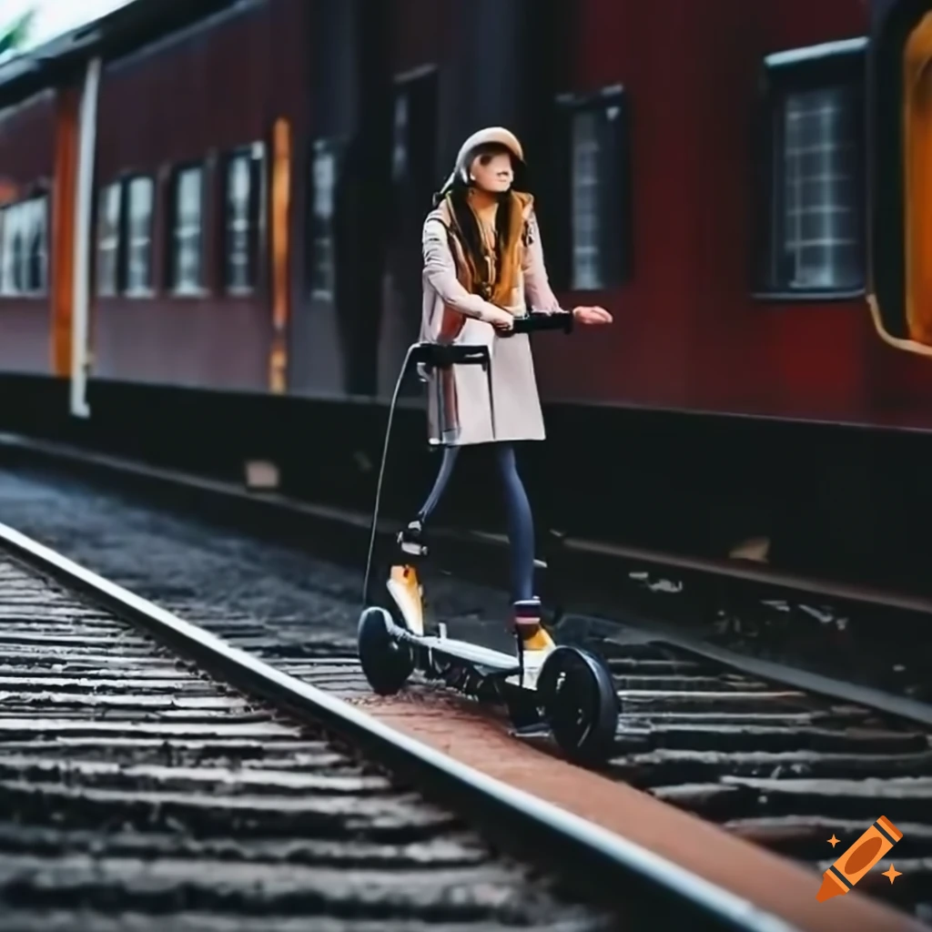 Person riding an e-scooter on train tracks on Craiyon