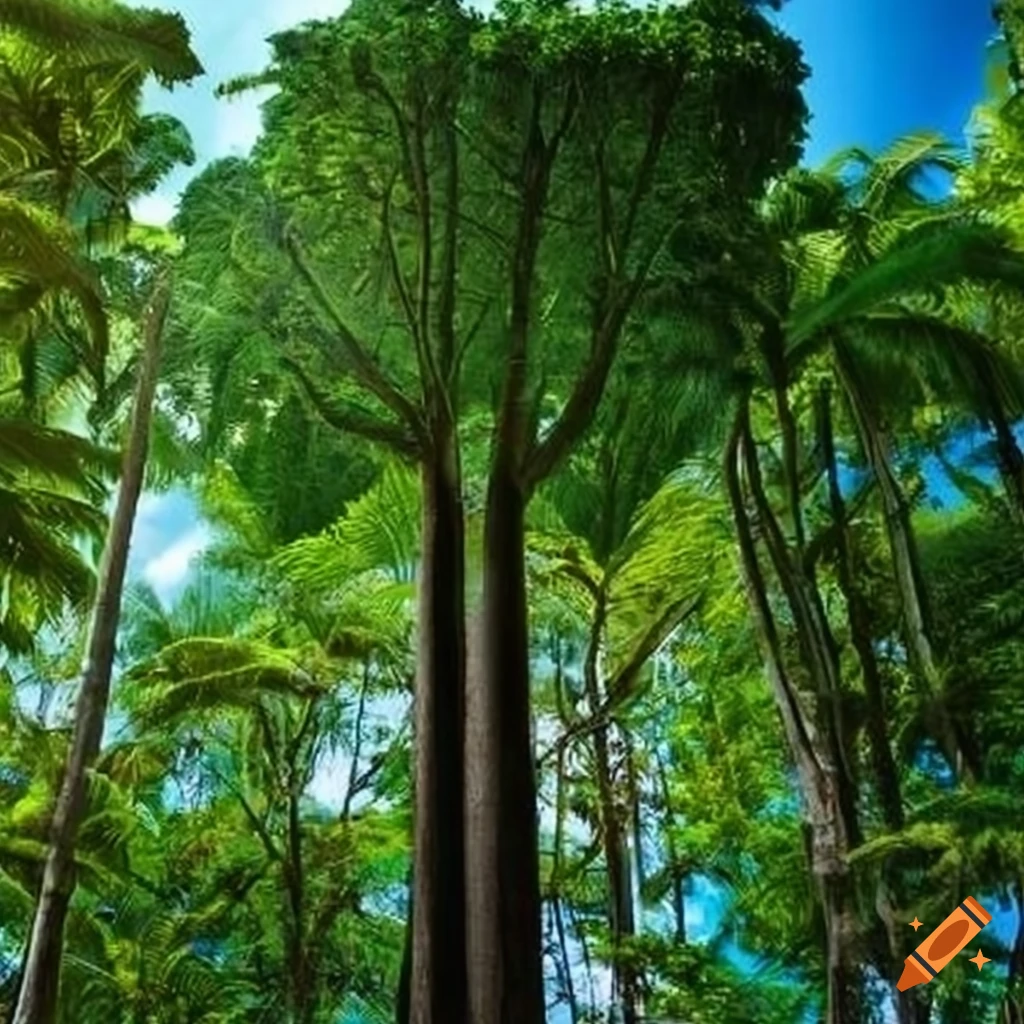 Tall and skinny tropical trees in lush green surroundings on Craiyon