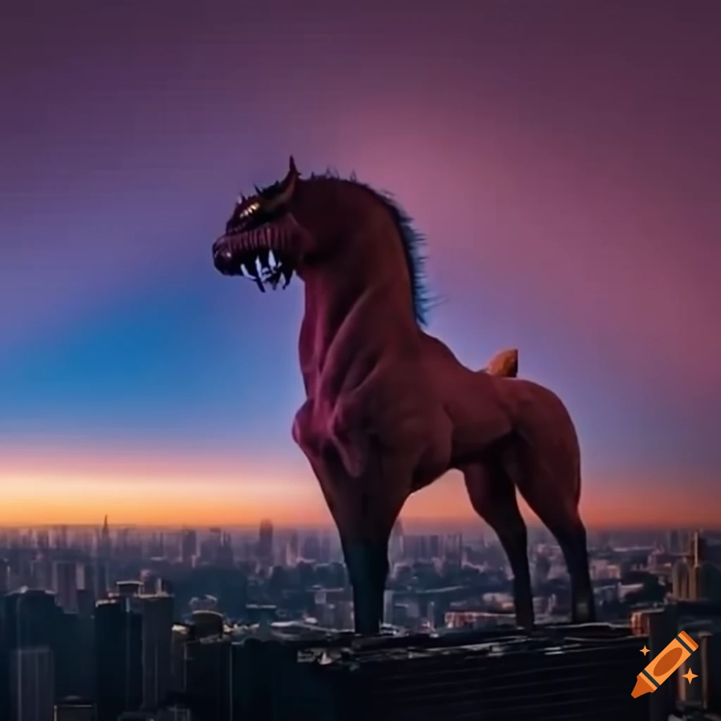 Giant horse kaiju towering over a city in toho suitmation style on Craiyon