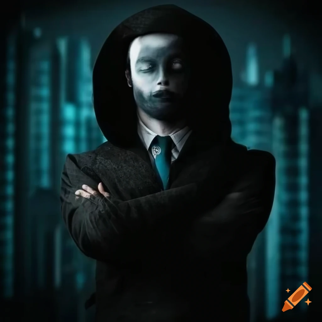 Powerful man in black with shadowed face in front of a rising city on ...