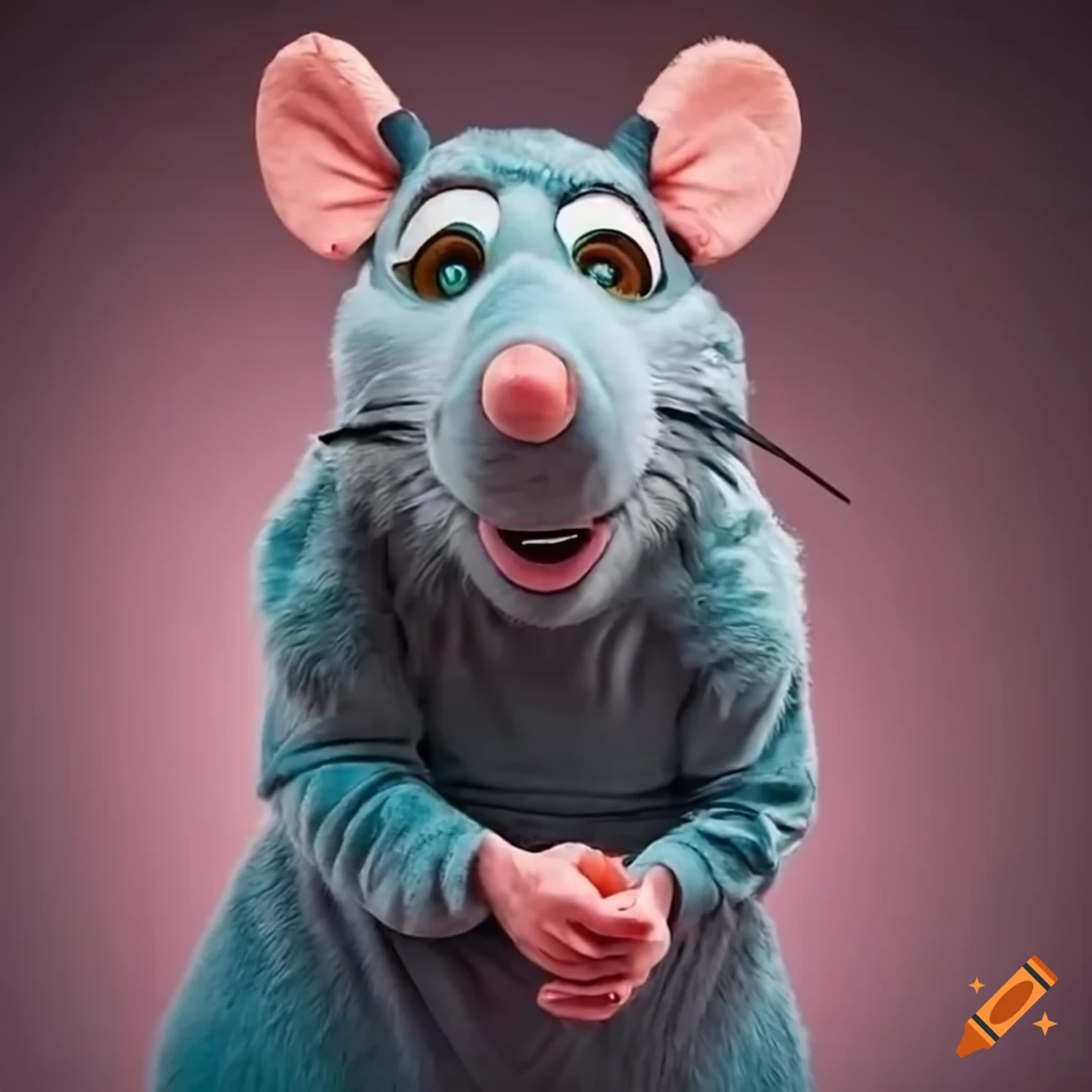 Man wearing a Ratatouille rat mascot costume in a backyard on Craiyon