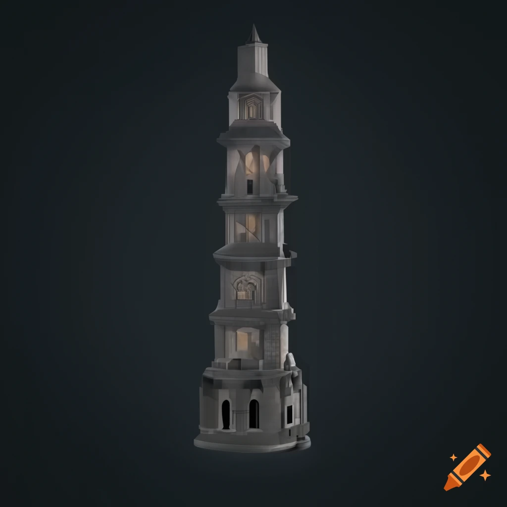 Realistic black tall ancient tower in vector isometric view on Craiyon