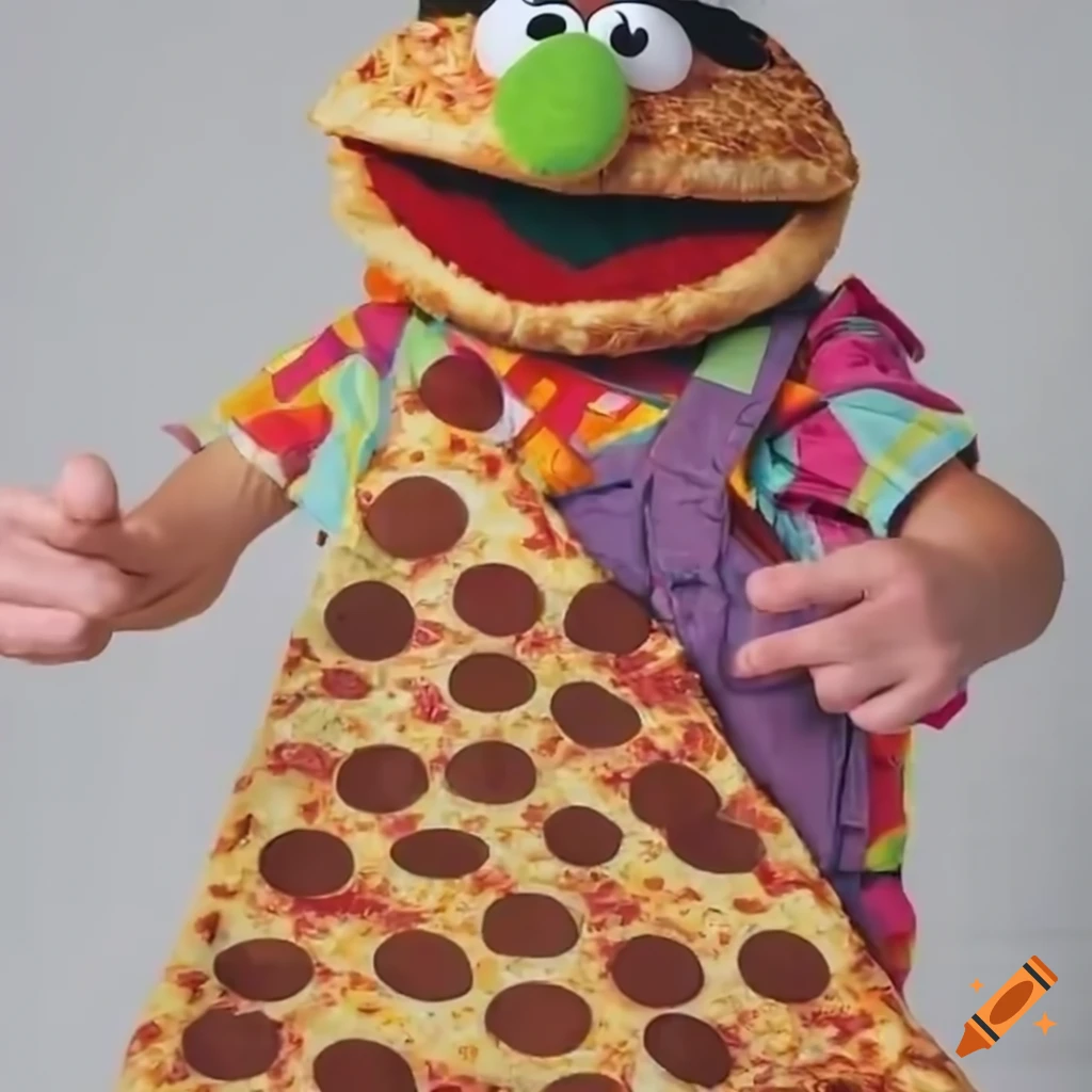Adorable Muppet character in a pizza costume with colorful overalls on ...
