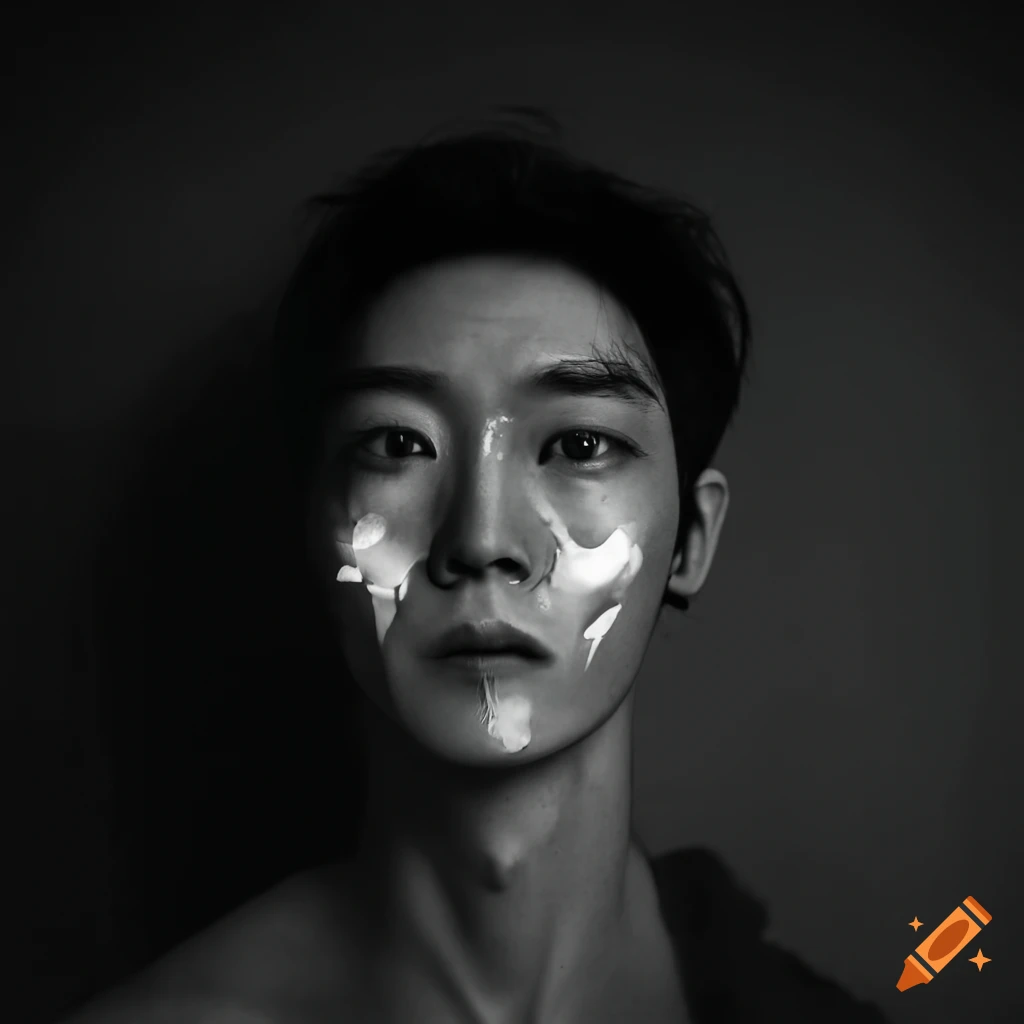 Young Korean man with a gaunt face and deep sunken eyes in a black and ...