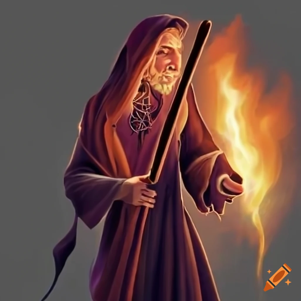 Wise and powerful wizard with a flaming wand on Craiyon
