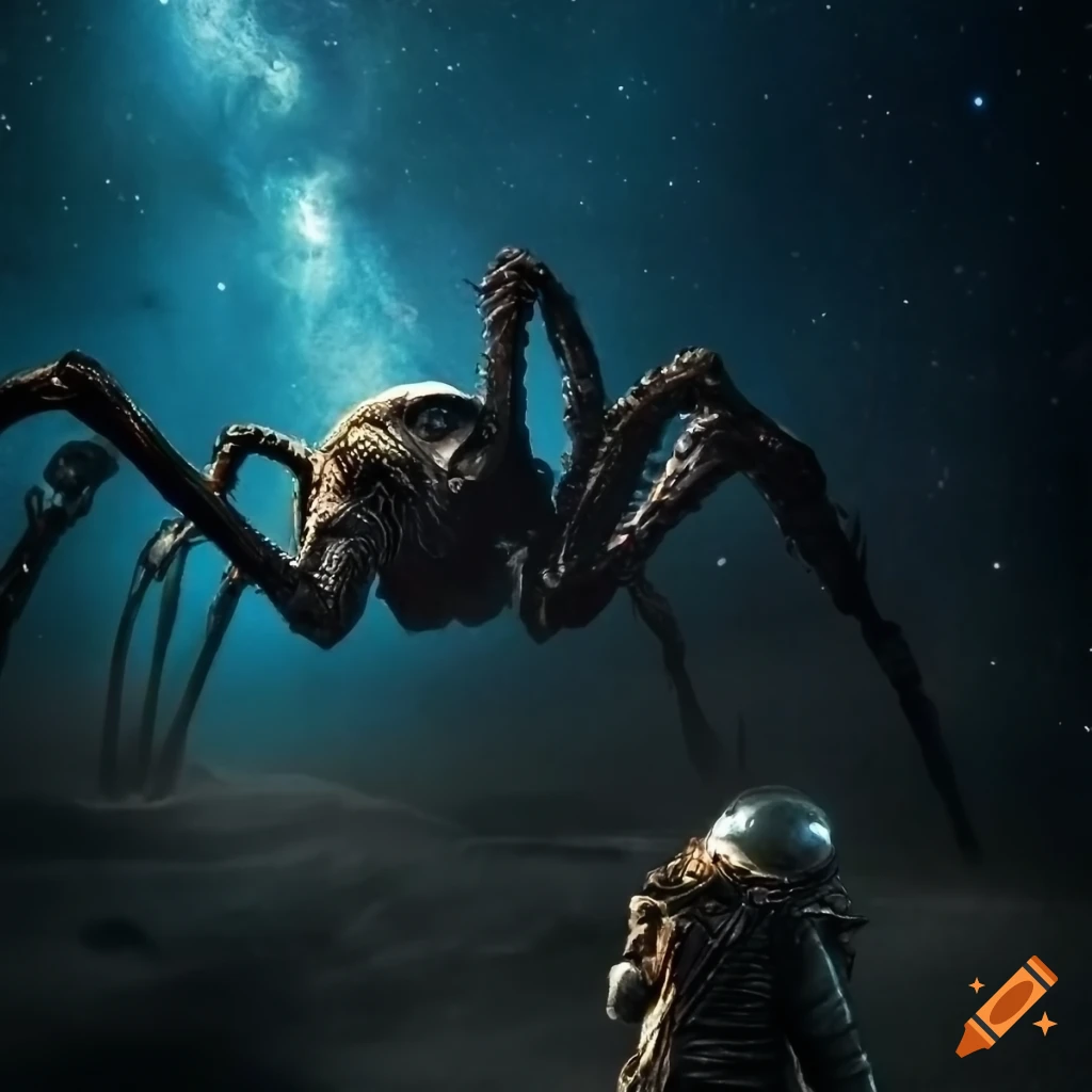 Roman gladiator astronaut battles big alien spider monster in space ...