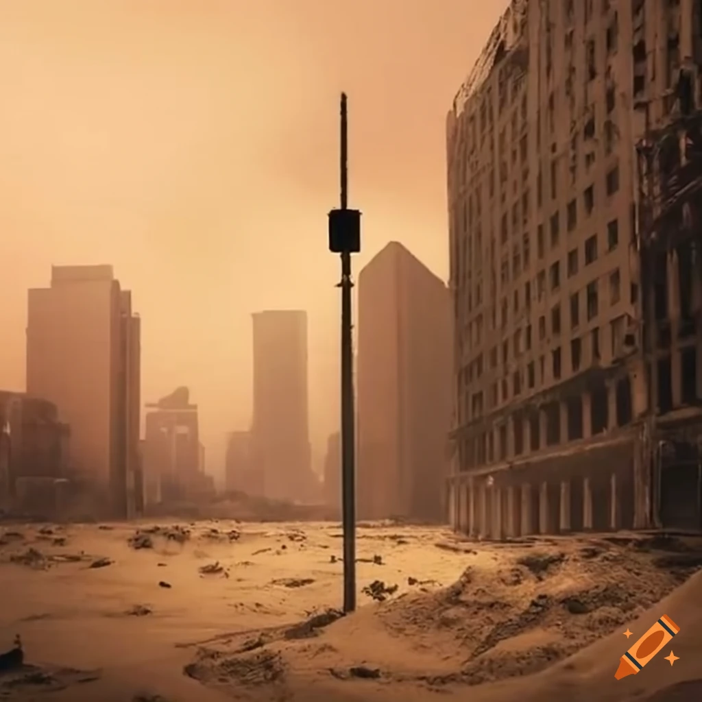 Post-apocalyptic city ruins covered in sand during a sandstorm on Craiyon