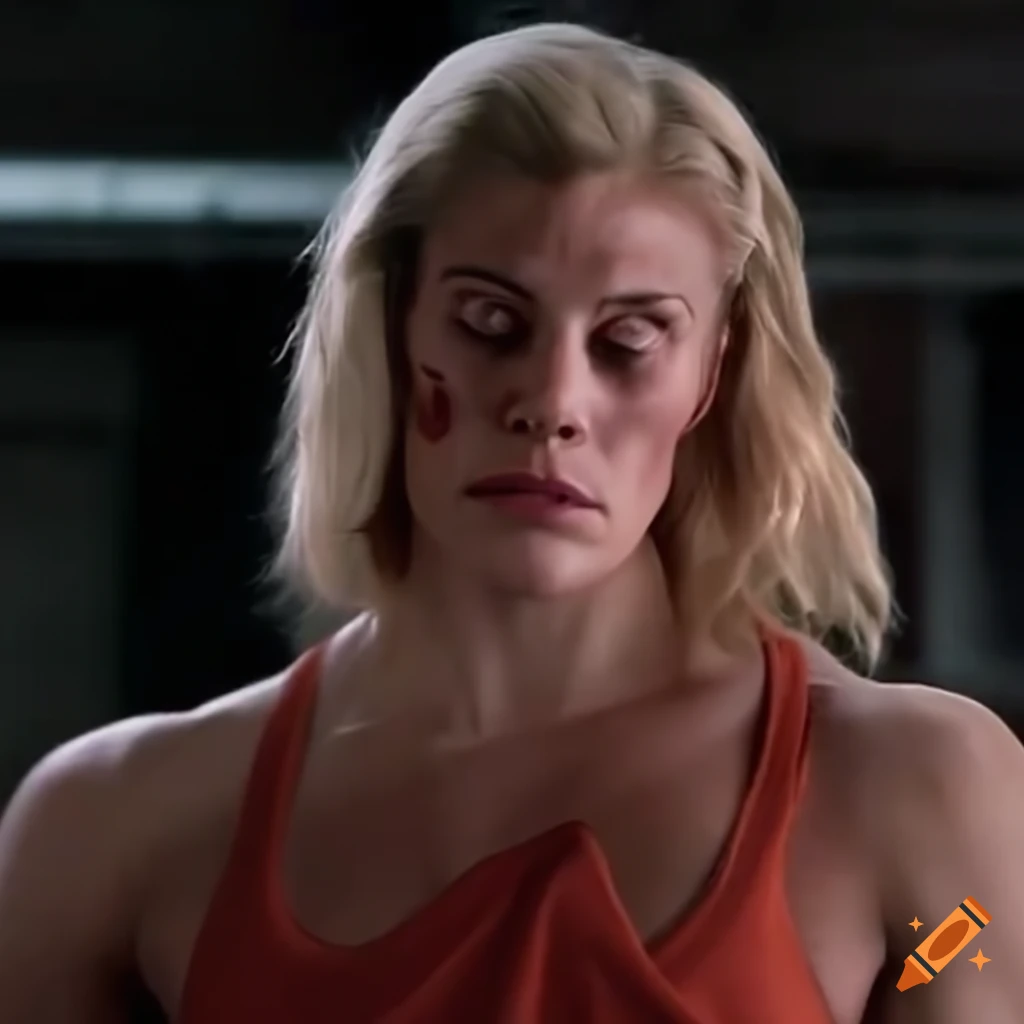 Movie fight scene with very bruised female kung fu student on Craiyon