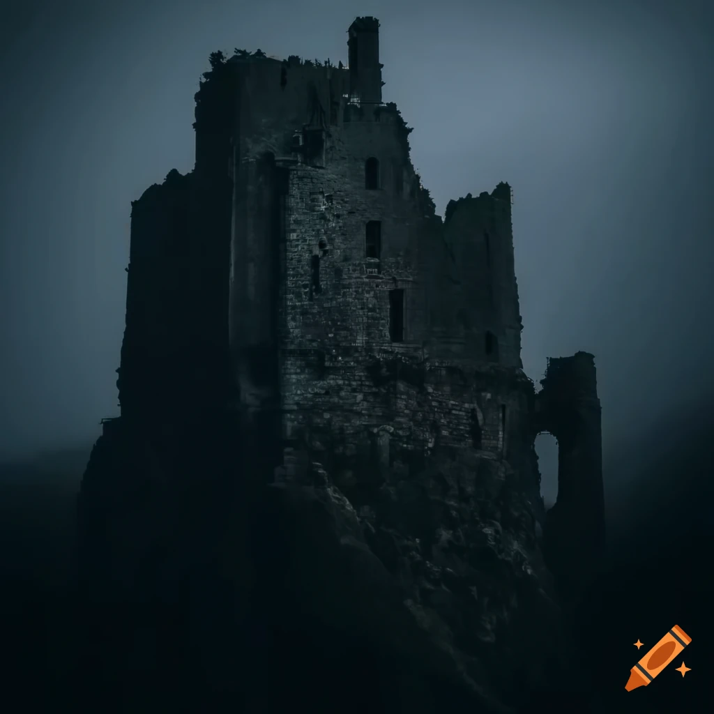 Ruined gothic castle on a cliff in North Scotland under a dark moody ...